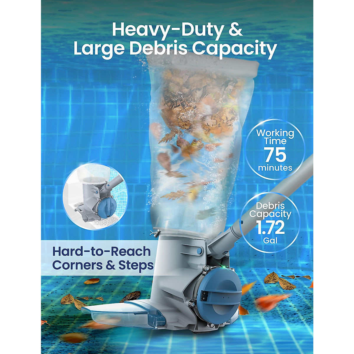 KOKIDO 2024 Rechargeable Heavy Duty Pool Leaf Vacuum, 62GPM Powerful Suction, Standard and Fine XL Filter Bags, Commercial Power Vac for Leaves and Debris, for Inground and Above Ground Pools XV910