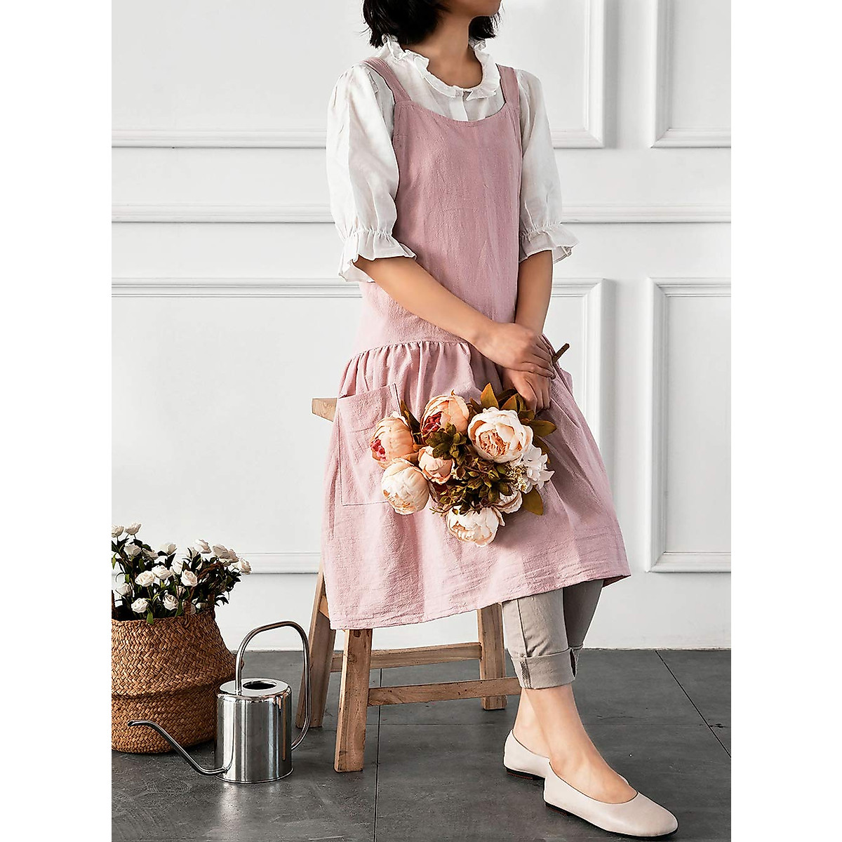 NEWGEM Cotton Linen Cross Back Apron for Women with Pockets for Baking Painting Pink with Waist Ties