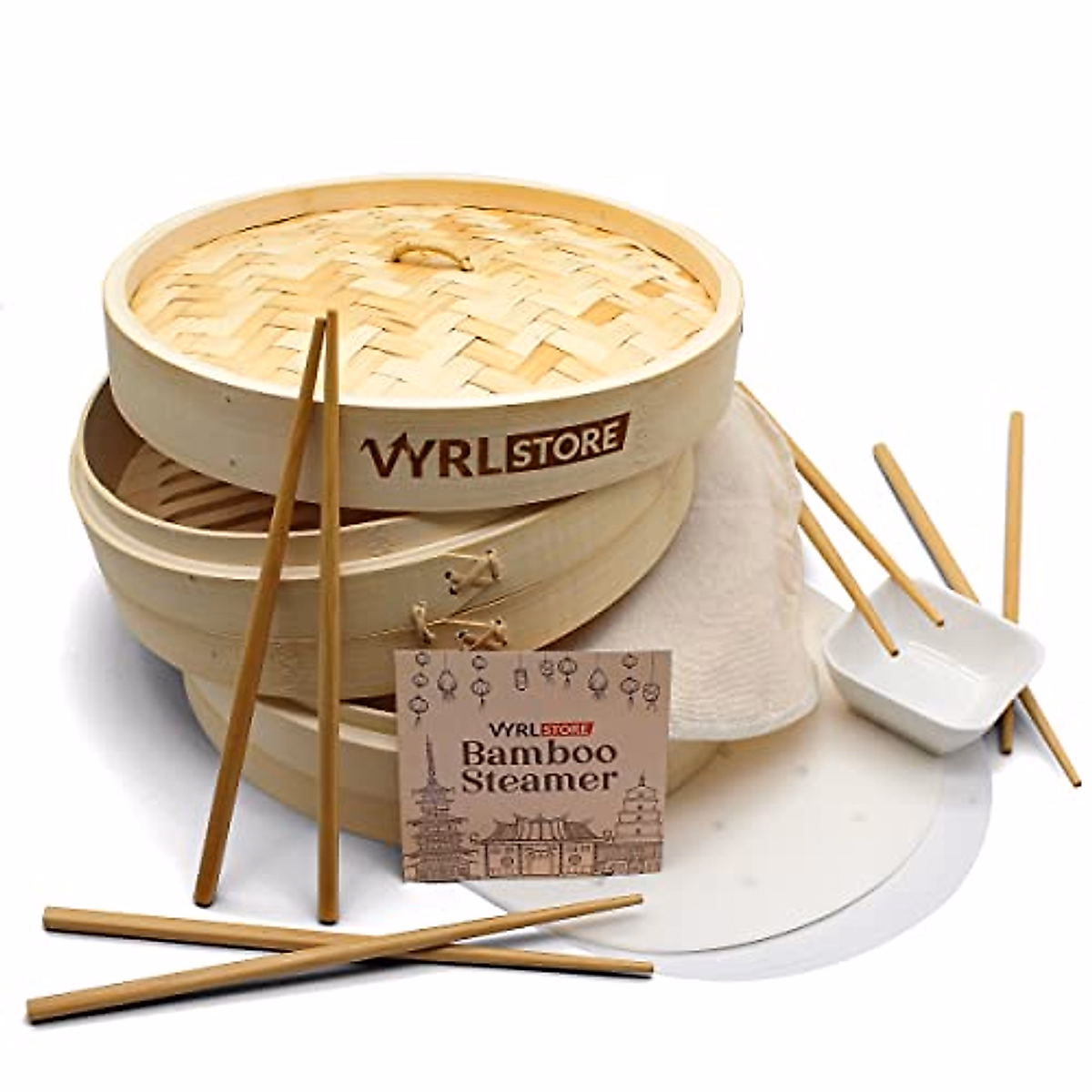 VYRL Bamboo Steamer 10 inch – 2 Tier Bamboo Dumpling Steamer, 4 Pairs Chopsticks, 1 Sauce Dish, 2 cotton and 30 paper liners – Ideal for Rice, Dim Sum, Veggies, Fish, Meat and Chinese Asian Cuisine