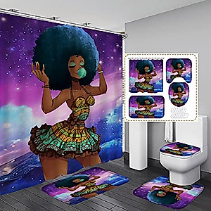 African American Woman Shower Curtains for Bathroom, 4PCS Bathroom Sets Include 1 Fabric Shower Curtain, 2 Non-Slip Bathroom Rugs and 1 Toilet Lid Cover, Black Girl Bathroom Decor (Purple)