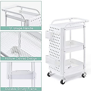 KINGRACK 3-Tier Rolling Cart, Metal Utility Cart with Pegboard, Utility Rolling Storage Carts with Wheels, Craft Storage Trolley with Handle for Kitchen Office Classroom, White