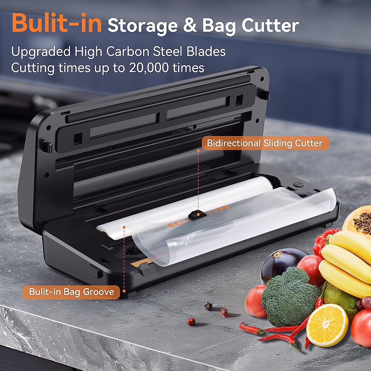Pyukix Vacuum Sealer Machine, Food Sealer Machine 80KPA Fully Automatic 8-IN-1 Food Saver for Dry/Moist Mode with Build-in Cutter&Storage, Air Suction Hose, Digital Countdown, Roll Bag, 11 Vacuum Bags