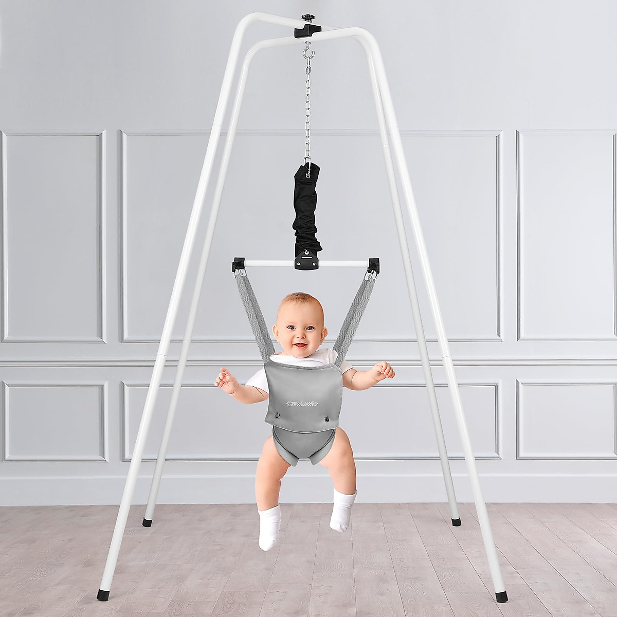 Cowiewie 2 in 1 Baby Jumper with Strong Support Stand, w/Walking Harness Function, Baby Exerciser Quick-Fold and Storage, White+Gray