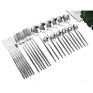 Dnalrhoi 24-Piece Silver Korean Silverware Sets Mirror Polished Stainless Steel Modern Flatware Cutlery Set Service for 6 Including Forks Spoons Knives Kitchen(Silver)