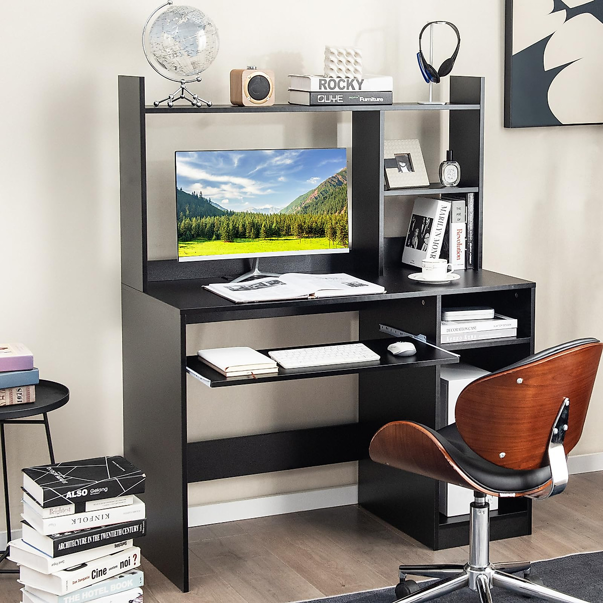 CHEFJOY Computer Desk with Hutch, Wood Home Office Desk w/Keyboard Tray, CPU Stand & Power Outlet, Space-Saving Laptop PC Desk, Modern Writing Desk with Bookshelf, Bedroom Study Room (Black)