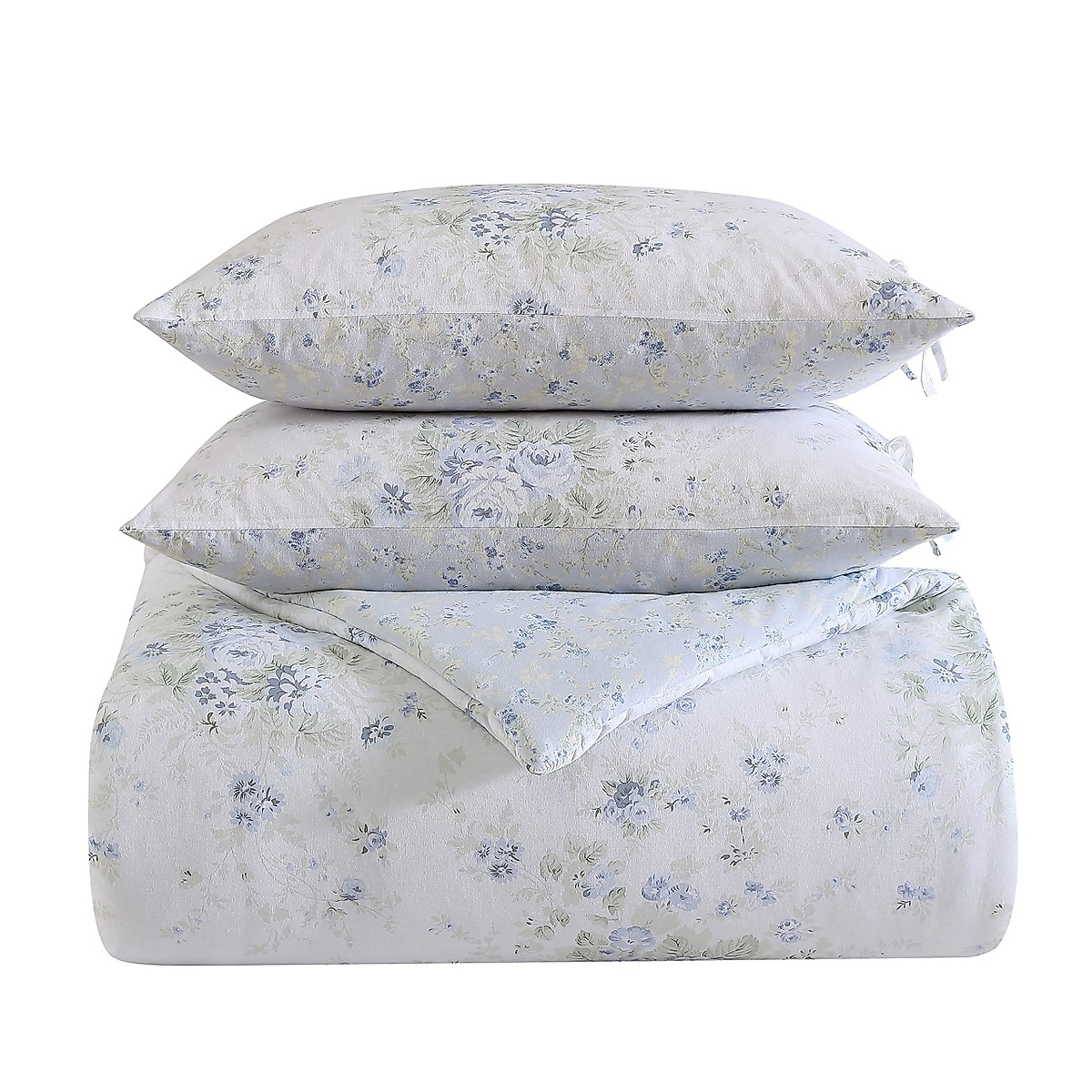 Shabby Chic® - Queen Comforter Set, Reversible Cotton Bedding with Matching Shams, Elegant Floral Home Decor for All Seasons (Bailey Blue, Queen)