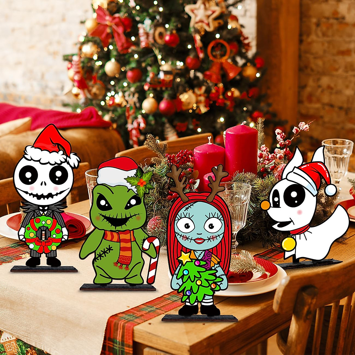 Christmas Table Decorations Nightmore Christmas Wooden Sign Jack Skellington and Sally Table Centerpieces for Home Holiday Party 4PCS