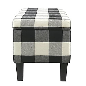 HomePop Large Upholstered Rectangular Storage Ottoman Bench with Hinged Lid, Black Buffalo Plaid