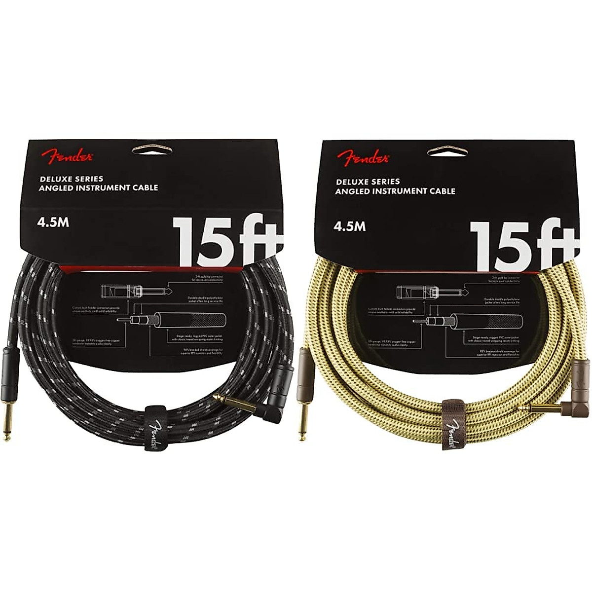 Fender Deluxe Series Instrument Cables, Straight/Angle, Black Tweed and Tweed, 15ft