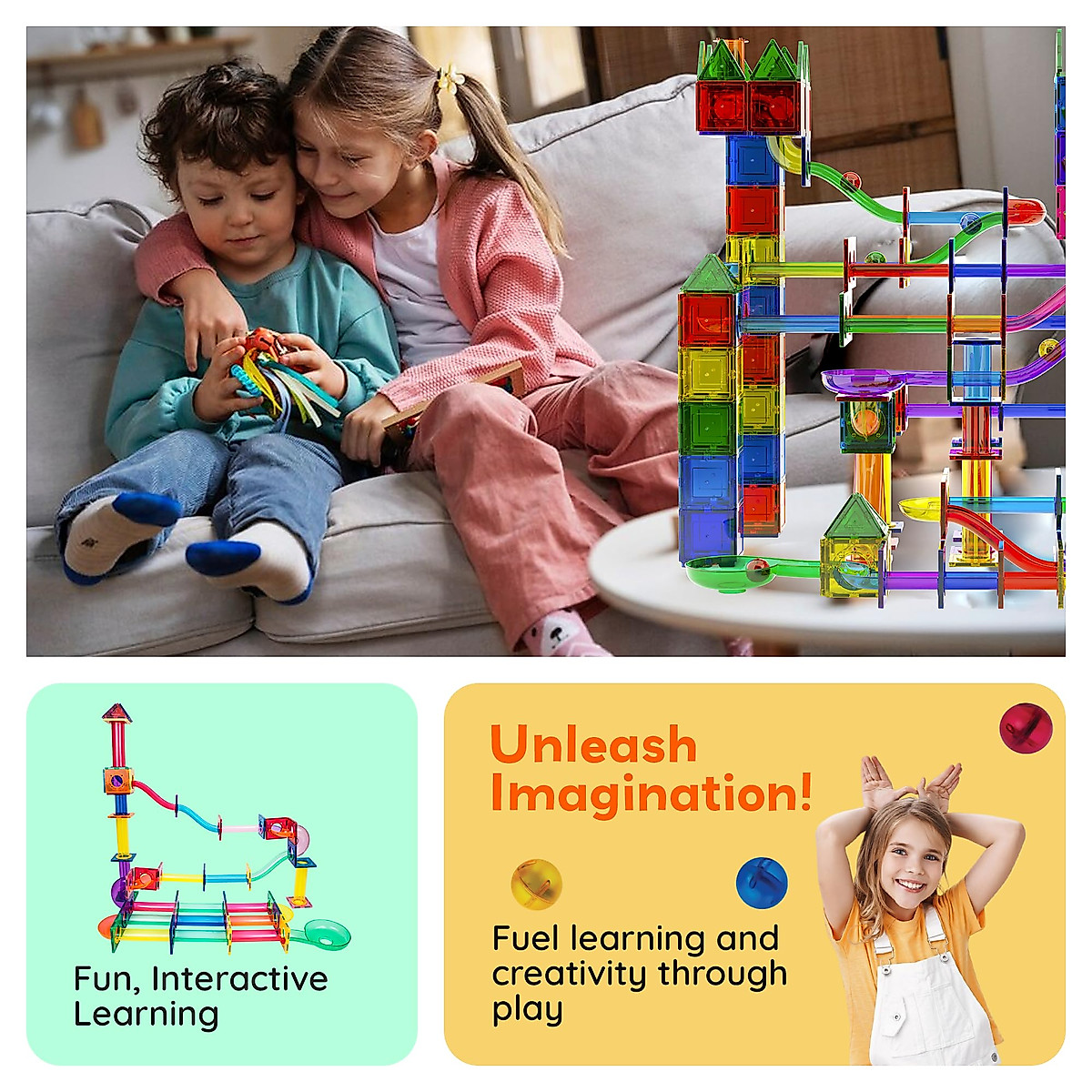 PicassoTiles Marble Run 120 Piece Magnetic Building Blocks Magnet Tile Construction Toy Playset STEM Learning Educational Block Child Brain Development Kids Toys for Boys and Girls Age 3 and Up