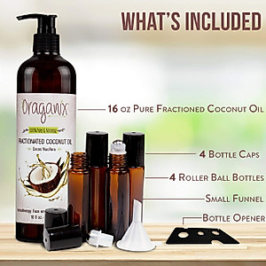 Oraganix Fractionated Coconut Oil with Roller Bottles - 100% Pure Natural 16 Oz Coconut Oil, 10ml Essential Oil Roller Bottles, Caps, Funnel and Bottle Opener - Carrier Oil for Essential Oils Mixing