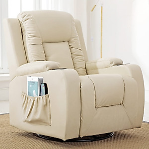 COMHOMA Recliner Chair, PU Rocking Chair for Adults, Swivel Recliner with Cup Holders, Heat and Massage, Single Sofa Seat with Side Pockets for Living Room, Bedroom (White)