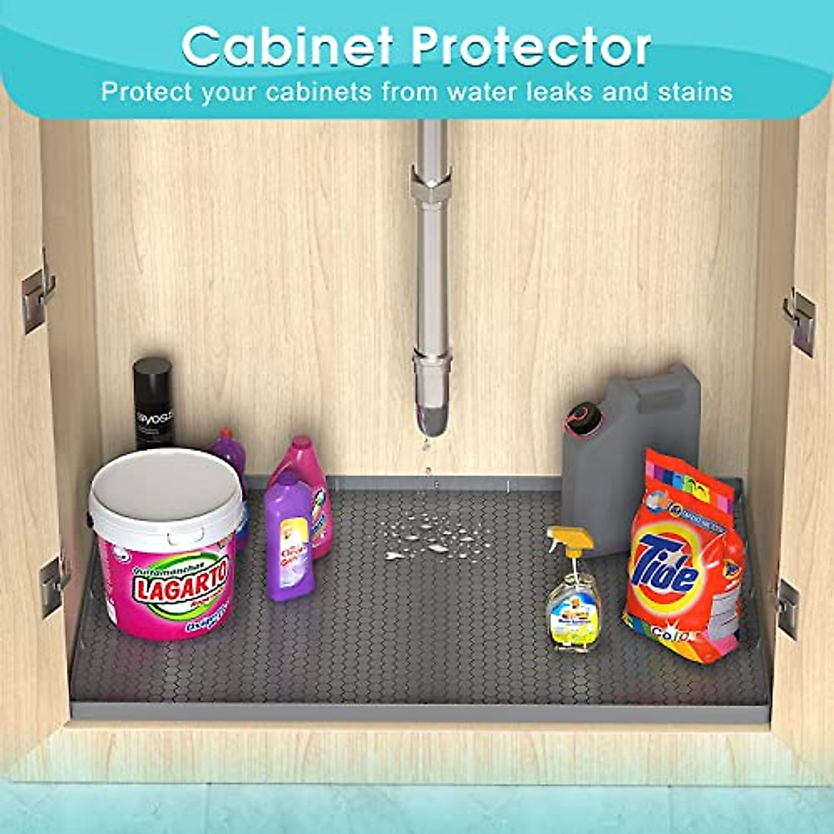 Under Sink Mat for Kitchen, 34" x 22" Silicone Tray for Bottom of Kitchen Cabinet to Protector for Drips Leaks Spills, Waterproof Under Sink Liner - Hold up to 2.5 Gallons