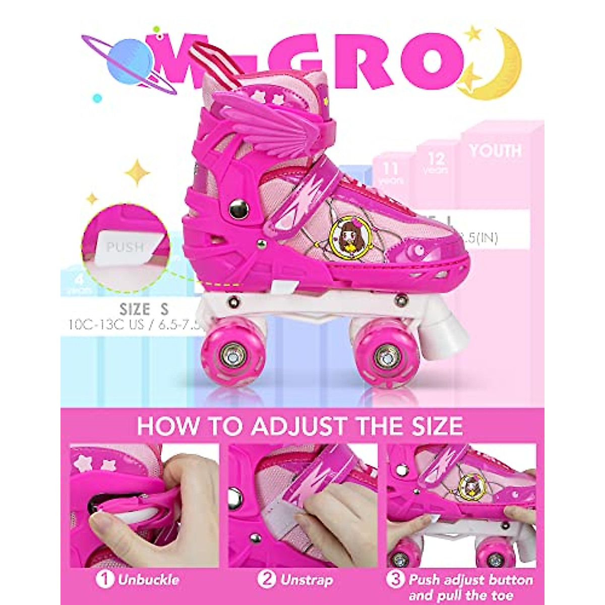 M-GRO Adjustable Skates for Kids, 8-Wheeled Skates for Kids,rollerskates Girl and Boys，Adjustable Size Suitable for Indoor and Outdoor use