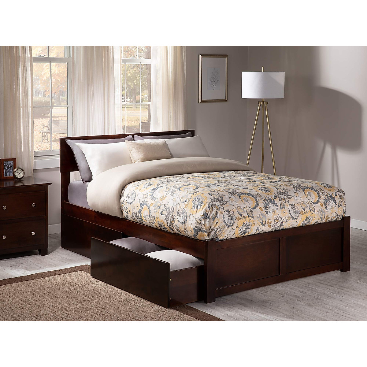 AFI Orlando Full Platform Bed with Flat Panel Footboard and Turbo Charger with Urban Bed Drawers in Walnut