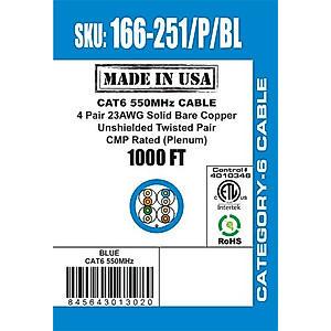 Vertical Cable CAT6, 550 MHz, UTP, 23AWG, 8C Solid Bare Copper, Plenum, 1000ft, Bulk Ethernet Cable - Made in USA, Blue