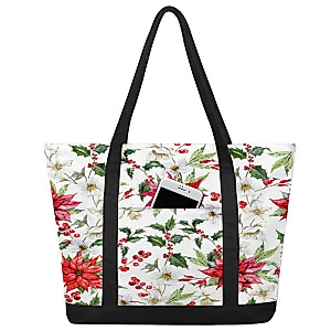 bisibuy Christmas Hellebore Flowers Poinsettia Berries Tote Bag Tote Bag for Women Reusable Grocery Shopping Cloth Bags with Zipper Large Capacity Foldable Handbag Gym Bag for Gift Activity