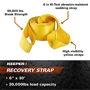 Keeper - 30’ x 6" Emergency Vehicle Towing and Recovery Strap - 30,000 lbs. Max Vehicle Weight and 60,000 lbs. Break Strength
