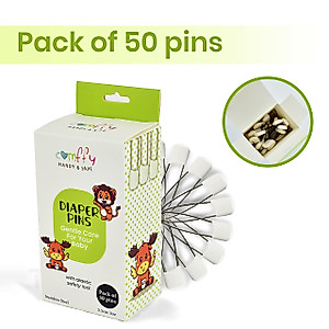Comffy 50 PCS Diaper Pins - Stainless Steel Pins with Plastic Safety Lock, Large Nappy Pins with White Plastic Heads, 5.5cm x 1.1cm - Safety Pins for Baby Cloth Diapers