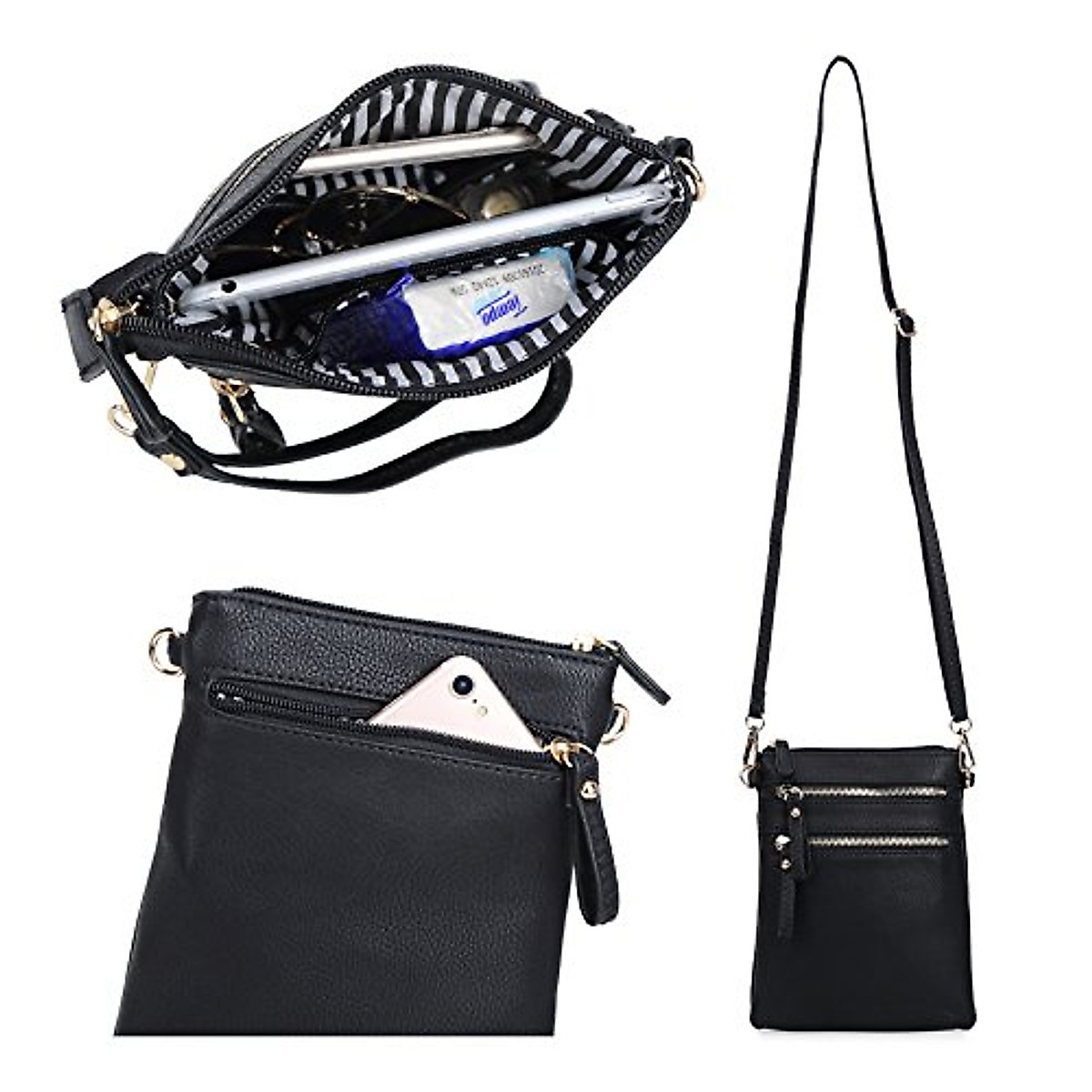 Solene Women's Faux Leather Organizer Multi Zipper Pockets Handbag With Detachable Wristlet Crossbody Bag-WU002(Black)