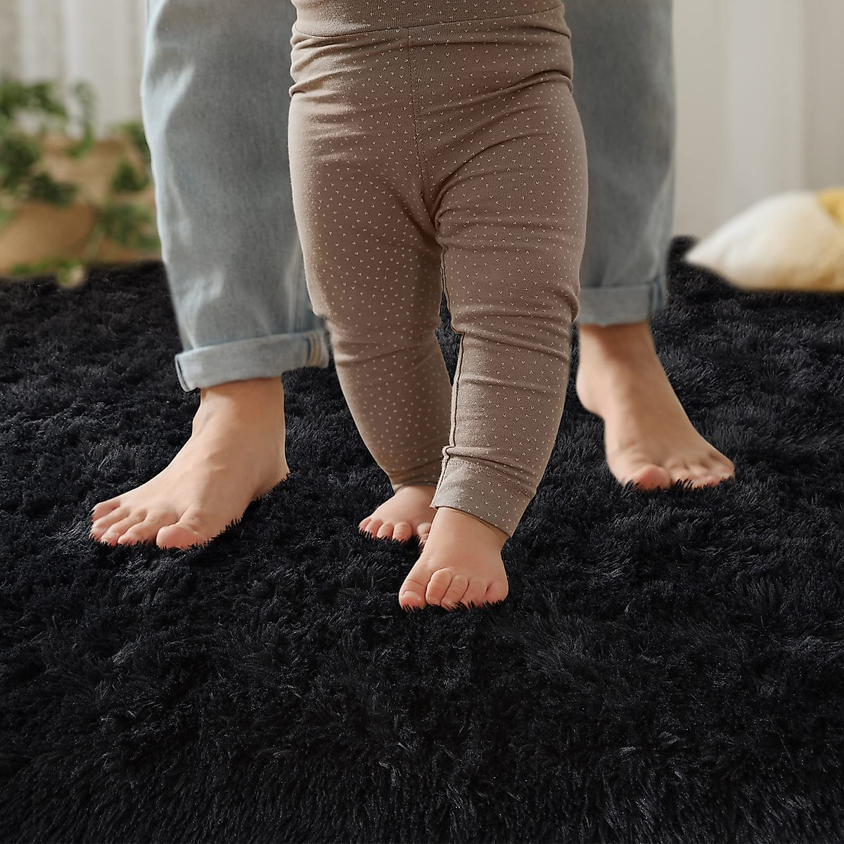 YJ.GWL Fluffy Runner Rug for Bedroom Living Room Soft Shag Rugs 2x6 Feet, Black Plush Carpet Non Slip for Nursery Dorm, Fuzzy Bedside Rug for Kids Boys Girls Room Home Decor