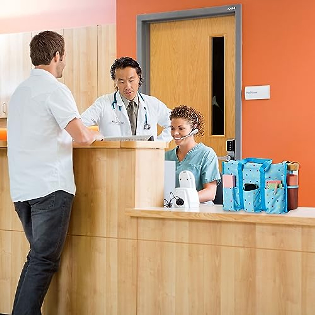 Juvale Large Utility Tote Bag with Pockets, Compartments, and Zip Top for Teachers, Nurses, Crafts, Travel Organization (Light Blue, 14.5 x 10.5 x 6 In)