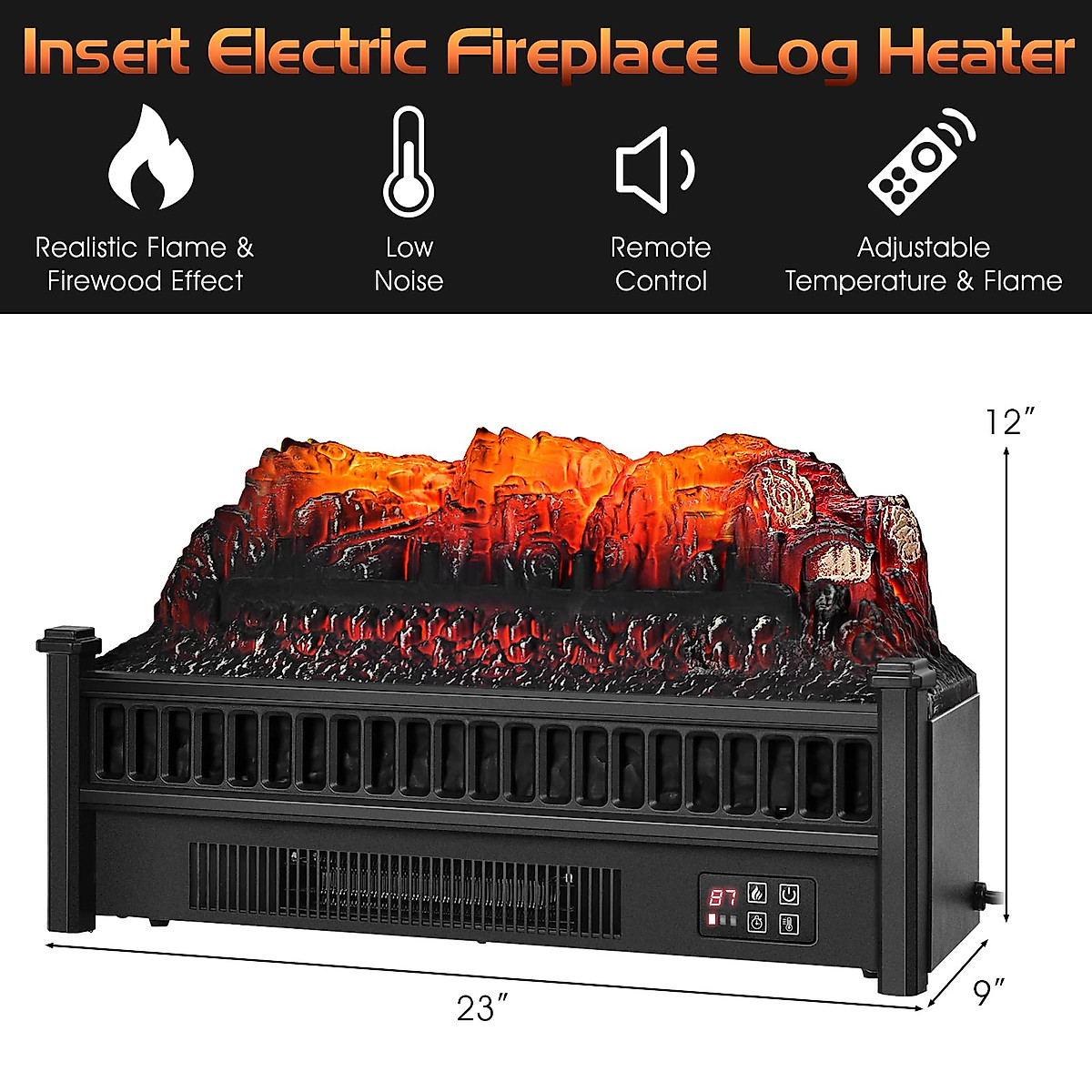ORALNER Electric Fireplace Insert Log Set, 23-Inch Infrared Quartz Fireplace Log Heater w/Remote Control, 6H Timer, Adjustable Flame Effect, Realistic Logs for Existing Fireplaces, 1400W, Black