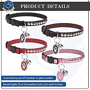 DILLYBUD Leather Personalized Breakaway Cat Collar with Studded Bell and Safety Quick Release Buckle - Rivets Studded ID DIY Collars for Boy Girl Cats Kittens