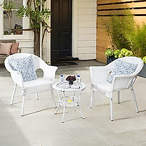 MeetLeisure Bistro Set 3 Pieces Outdoor Patio Furniture Set, Wicker Chairs Set of 2 with Outdoor Side Table, Outdoor Chairs for Patio Lawn Porch, White