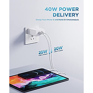 USB C Wall Charger, EHO 40W(20W Max Each) Dual USB C Charger, 20W Fast Charger Power Adapter Compatible with MacBook Air, iPhone 13/12, MagSafe Wireless Charger/MagSafe Duo Charger Galaxy S21, White