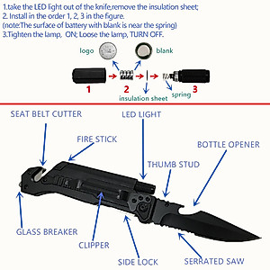 ALBATROSS 6-in-1 Survival Tactical Military Folding Pocket Knives with LED Light,Seatbelt Cutter,Glass Breaker,Magnesium Fire Starter,Bottle Opener;Multi-Function Emergency Tool(Black)
