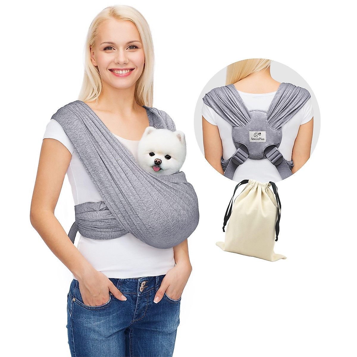 AnccoPlus Dog Carriers for Small Dogs, Front Facing Small Dog Carrier, Hands Free Pet Carrier, Size Adjustable Cat Carriers, Reducing Back Pain, Safe Soft Cotton Cat Sling (Regular, Heather Gray)
