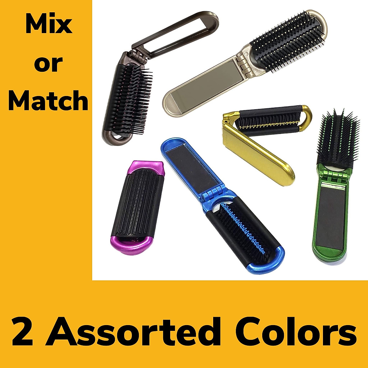 ALAZCO 2 Assorted Colors Folding Hair Brush With Mirror Compact Pocket Size Travel Car Gym Bag Purse Locker Swimming Camping Sleepover Gift and more