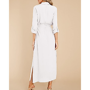 Fekermia Women's Button Down Maxi Shirts Dress- Casual Roll Up Long Sleeve Shirt Dress Slits Dresses White XX-Large