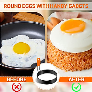 Patelai 4 Pcs Professional Egg Ring Pancake Ring Set Stainless Steel Fried Egg Ring Griddle Pancake Shapers with Orange Silicone Handle for Breakfast Omelette Sandwich (4 Pcs, 4 Inch)