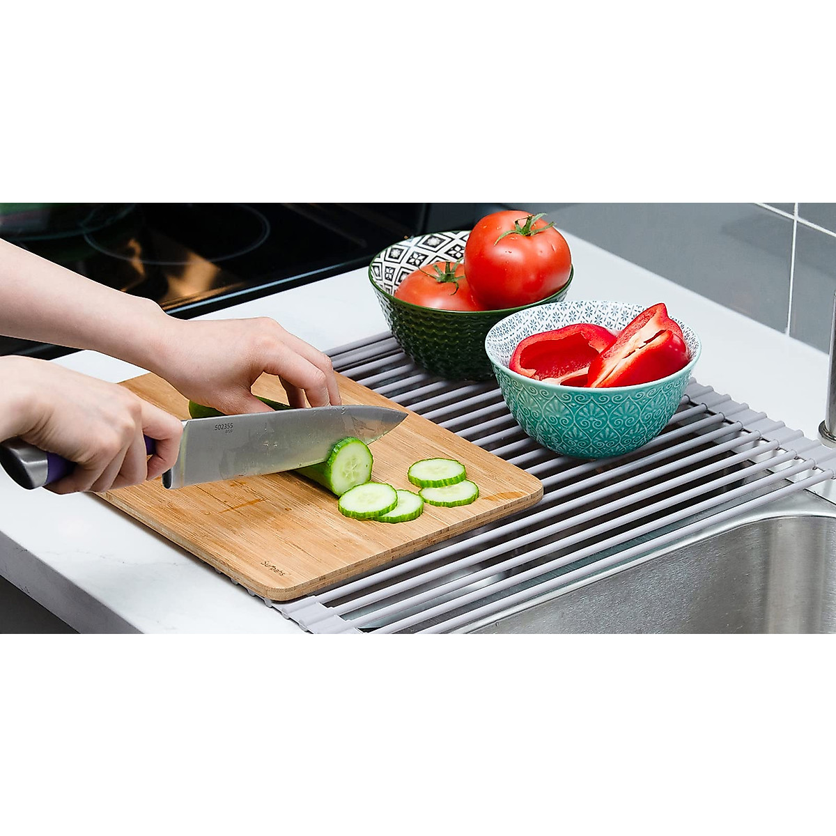 Surpahs Over Sink Foldable Multipurpose Roll-Up Dish Drying Rack, Silicone Wrapped Stainless Steel,Warm Gray, 20.5" x 15.5" (Pack of 2)