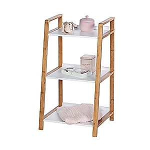 WENKO 3 Tier Ladder Shelf for Bathroom, Kitchen, Living Room, Bamboo, Storage Unit with White Shelves, Dimensions 16.93 x 29.92 x 14.17 in