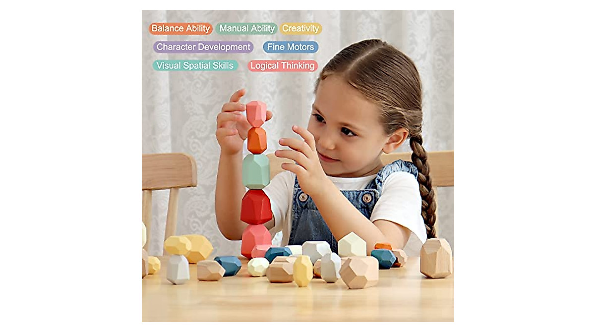 Educational Wooden Stacking Rocks for Kids 1-6 | Bestamtoy Play Set