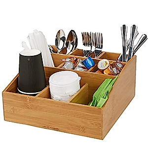 Mind Reader Coffee Condiment and Accessories Caddy Organizer with 9 Organizing Compartments, Bamboo Brown