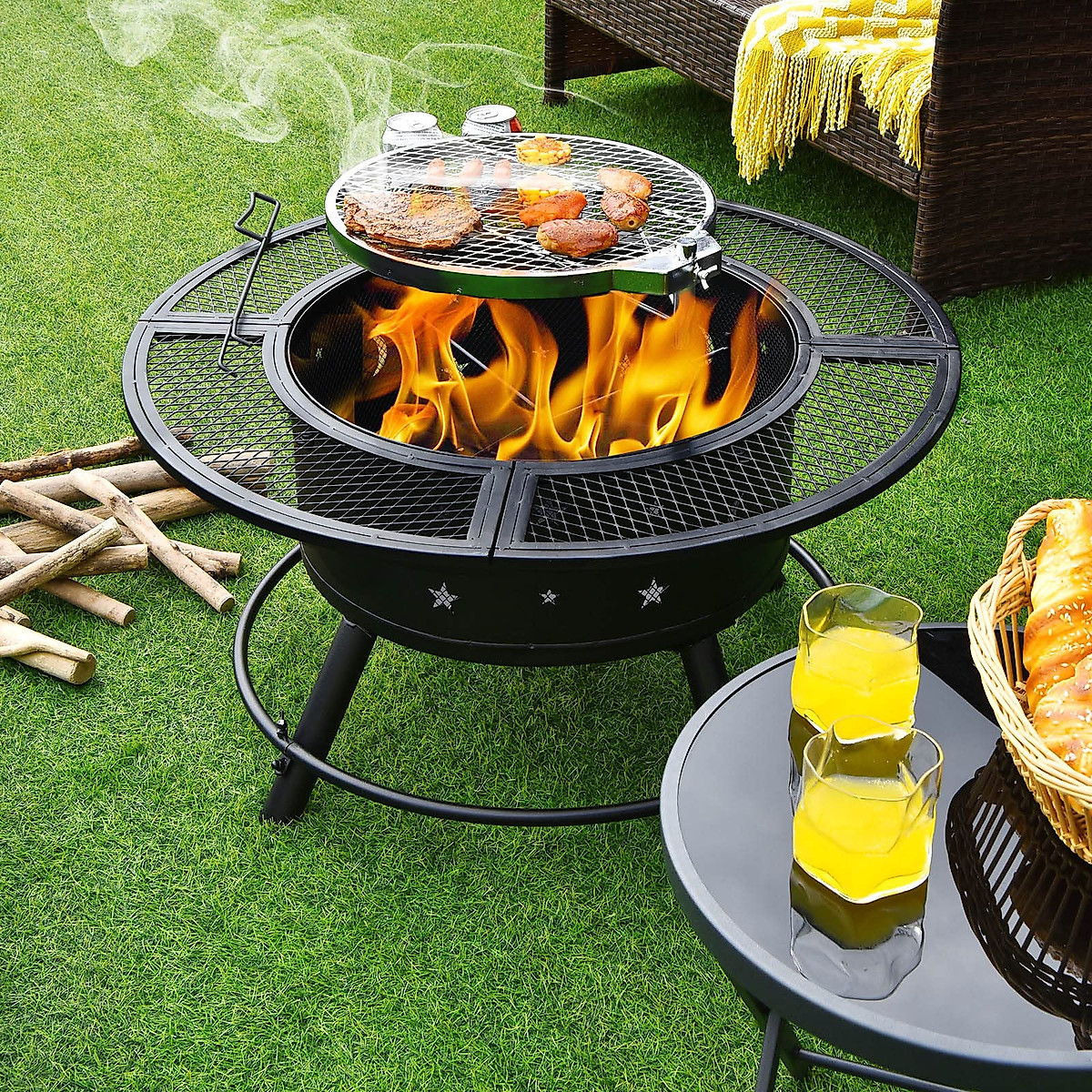 Giantex 2-in-1 Fire Pit with Cooking Grate, 32 Inch Charcoal & Wood Burning Firepit with Swivel Adjustable BBQ Grill & 6.5'' Round Edge Widened Grate, Outdoor Firepit Grill Combo