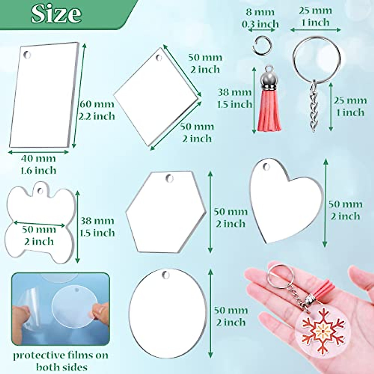 300 PCS Clear Acrylic Keychain Blanks, 6 Shapes Wholesale Acrylic Blanks Leather Tassel Charms Key Chains Jump Rings for Vinyl Resin DIY Crafts Ornament Engrave (Round Heart Square Rectangle Bone)