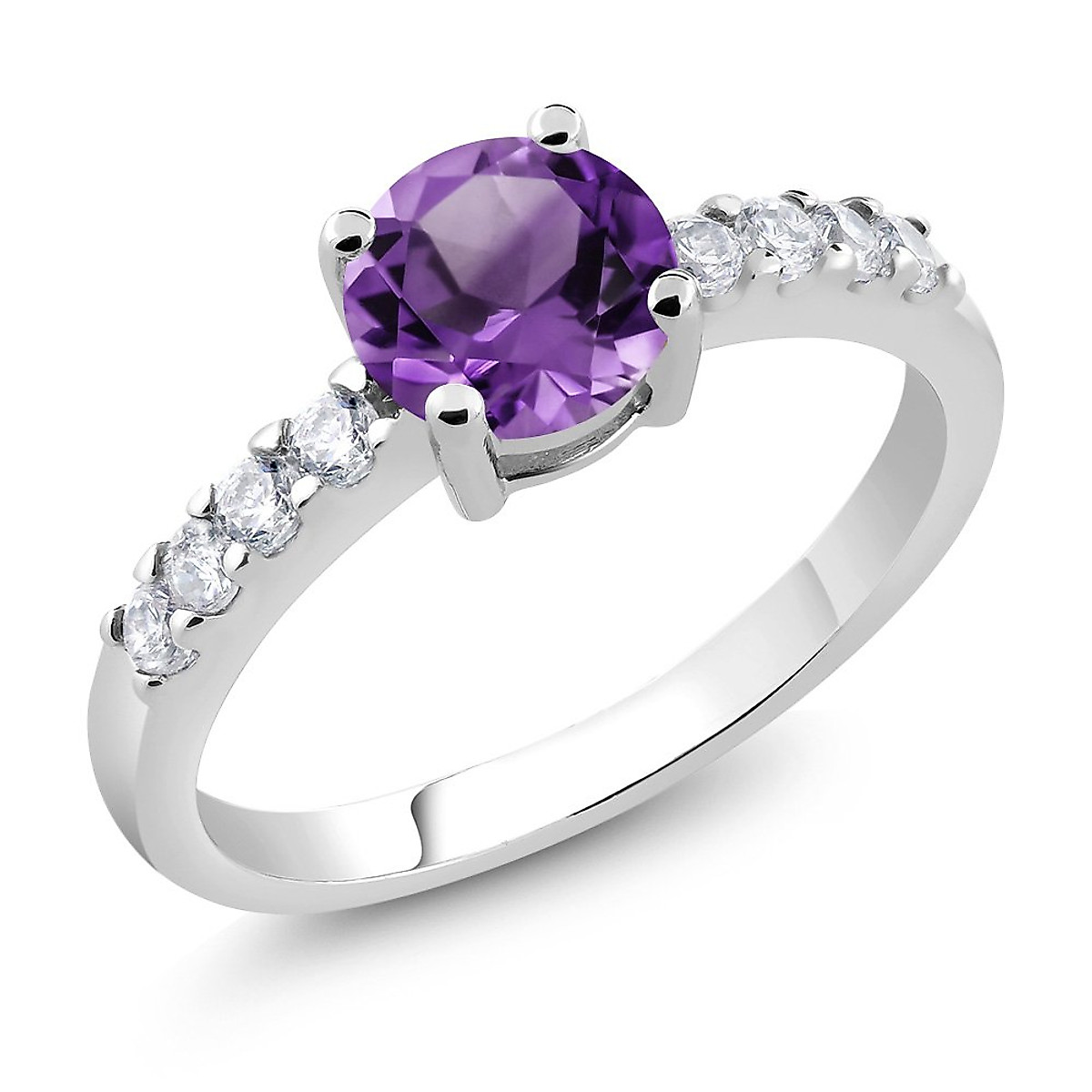Gem Stone King Purple Amethyst Engagement Anniversary Promise Ring For Women (1.24 Cttw, Gemstone February Birthstone, Round 6MM, Size 7)