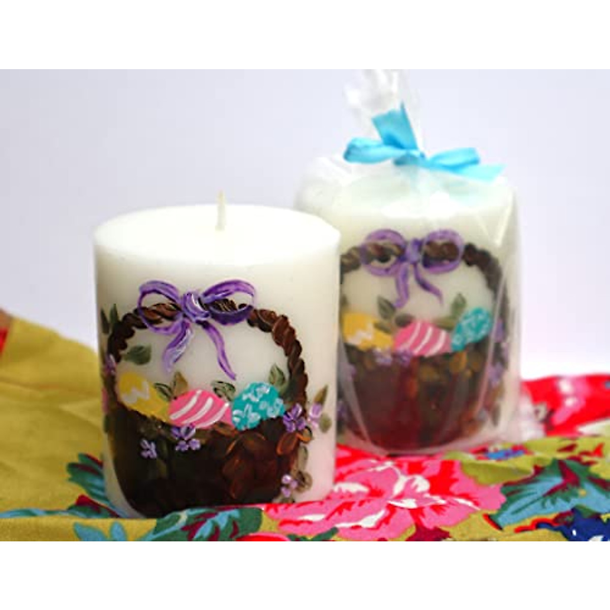 Handmade Decorative Short Pillar Candle with Hand Painted Easter Basket and Vines Spring Decorations Springtime Decor