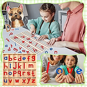 Montessori Letters Movable Wood Alphabet with Box and Large Mat Small Wooden Alphabet Letters Montessori Trays Preschool Spelling Learning Language Materials Objects, Red, Blue