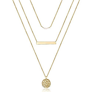 Dainty Layering Pearls Necklace Bar Necklace Hammered Disc Pendant Necklace Simple Layering Necklace Gold Plated Choker for Women