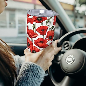 quopvn Red Poppy Flower Print 20oz Car Cup Ps Material Lid, Perfect For Hot & Cold Drinks