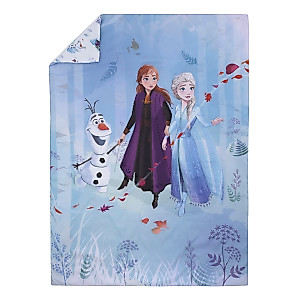 Disney Frozen 2 Nature is Magical Purple, Blue and White 4 Piece Toddler Bed Set - Comforter, Fitted Bottom Sheet, Flat Top Sheet, Reversible Pillowcase