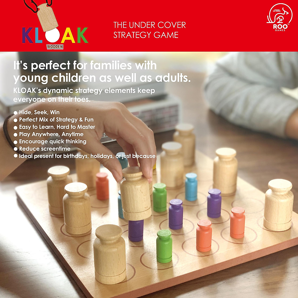 ROO Games Kloak - Wooden Strategy Board Game for Kids and Adults - for Ages 8-9-10-11+ - Kloak and Unkloak to Get Three in A Row - Premium Wooden Game