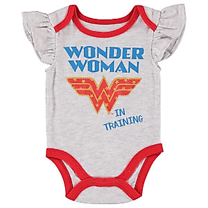 Wonder Woman Newborn Girls 3 Pack Bodysuits (Red/Blue/Grey, 3-6 Months)