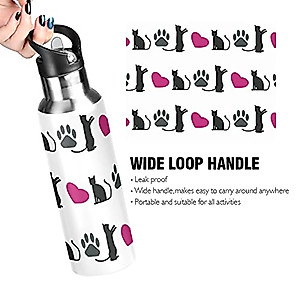 Yasala Water Bottle Black Cat Pink Heart Cute Coffee Thermos Stainless Steel Insulated Beverage Container 20 oz with Straw Lid BPA-Free for Sport, Travel, Camping, Back to School